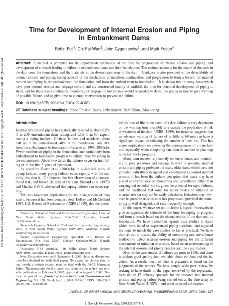 Time For Development of Internal Erosion and Piping in Embankment Dams ...