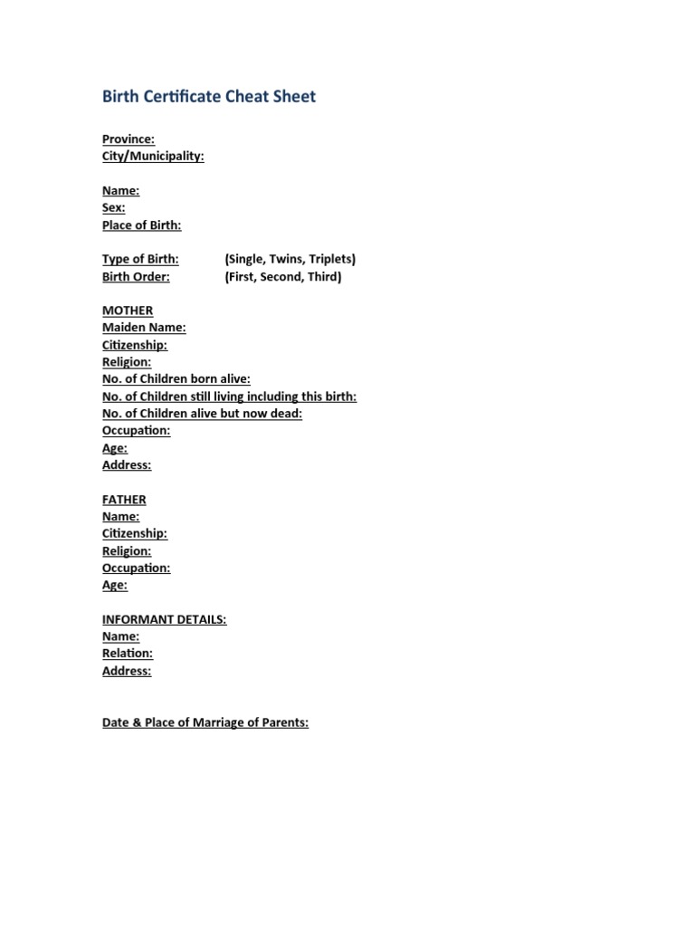 Birth Certificate Cheat Sheet Template | PDF | Social Science