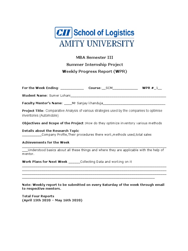 MBA Semester III Summer Internship Project Weekly Progress Report (WPR) | PDF