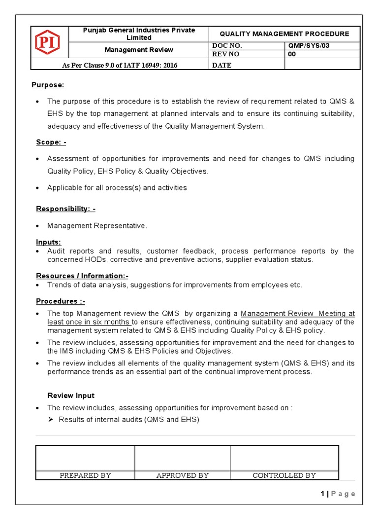 QMS Management Review Procedure | PDF | Quality Management System ...