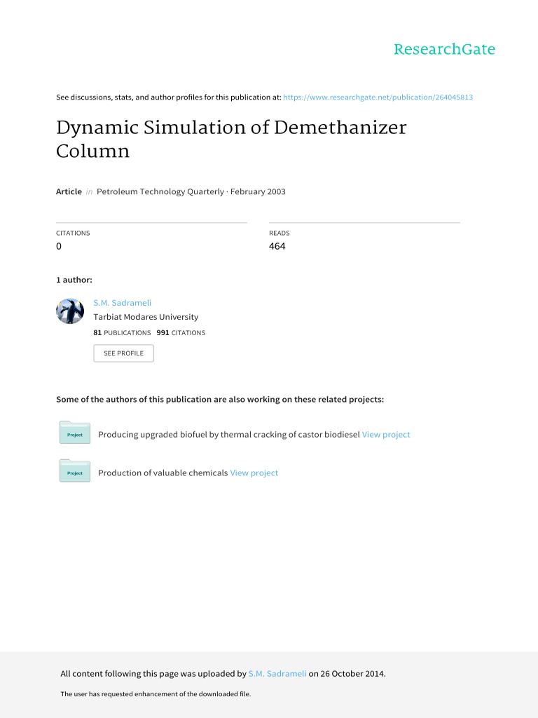 Dynamic Simulation of a Demethanizer Column: Modeling Startup and ...