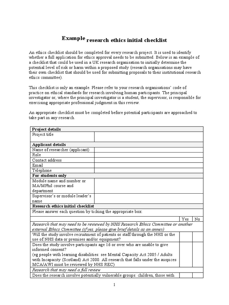 Example Research Ethics Initial Checklist | PDF | Institutional Review ...