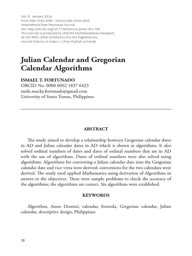 Julian Calendar and Gregorian Calendar Algorithms | PDF | Calendar ...
