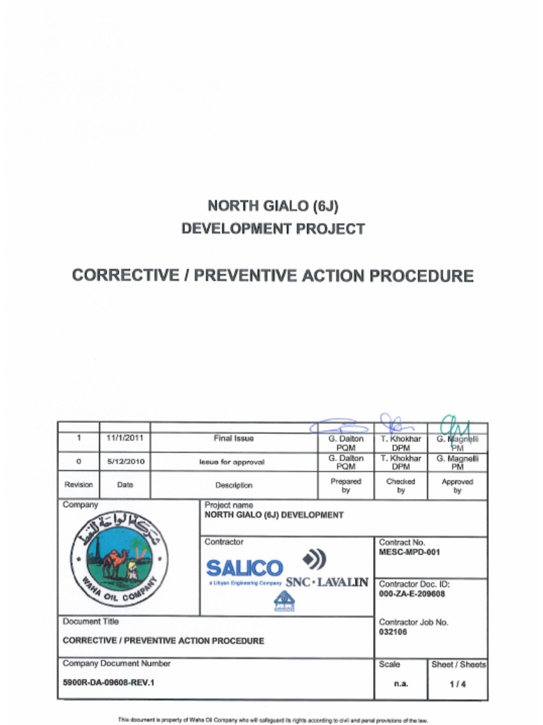 Corrective Preventive Action Procedure 000-Za-E-209608-1 | PDF | Audit ...