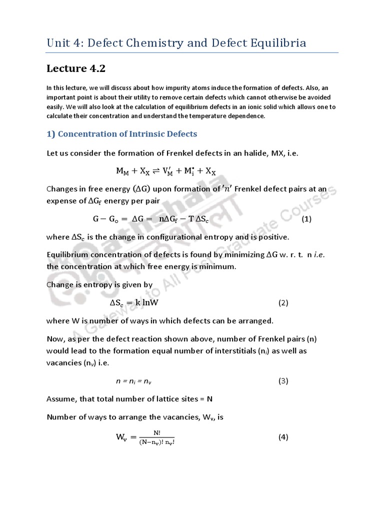 Unit 4: Defect Chemistry and Defect Equilibria: 1) Concentration of ...