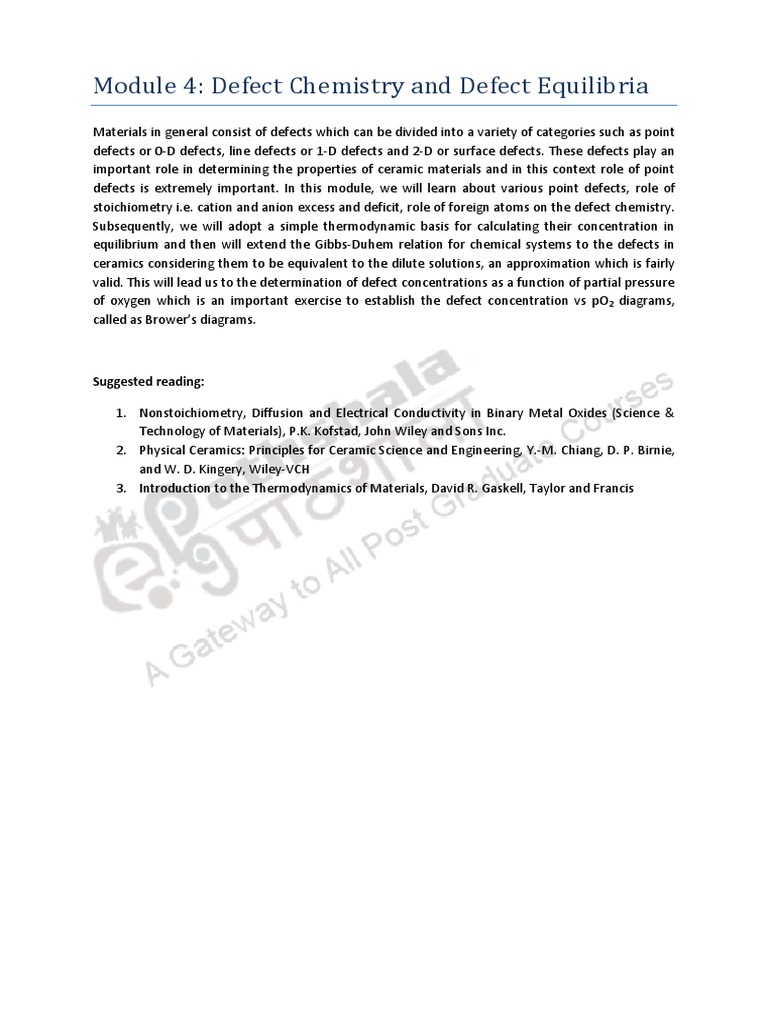 Module 4: Defect Chemistry and Defect Equilibria: Suggested Reading ...