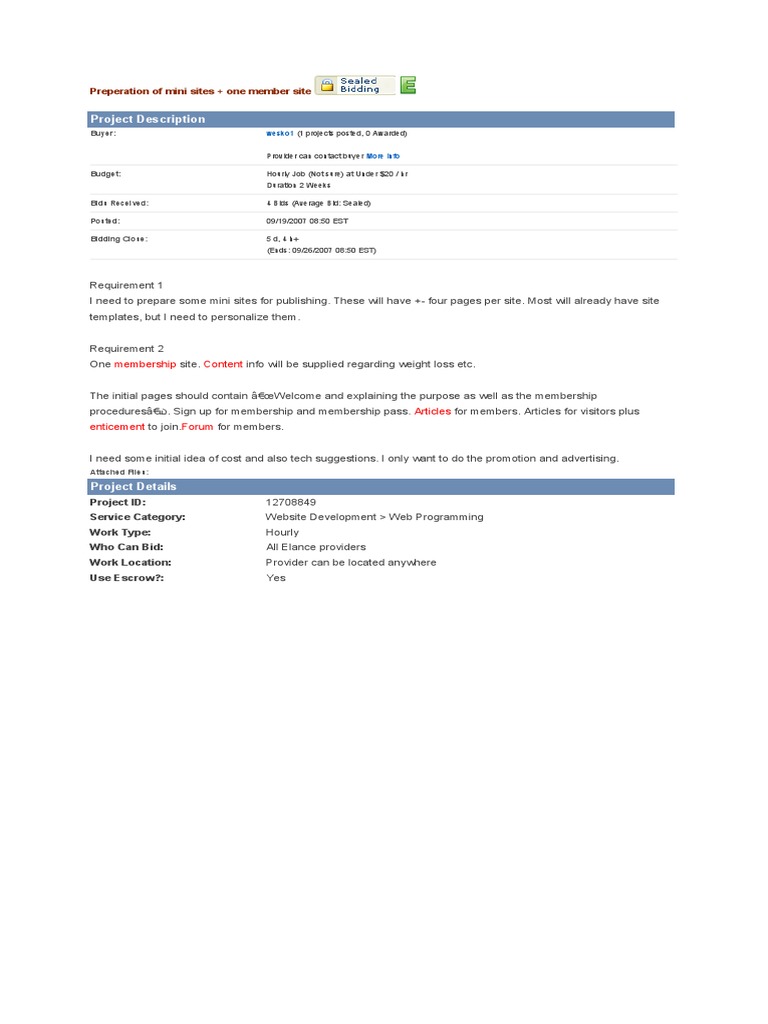 Project Description: Preperation of Mini Sites + One Member Site | PDF