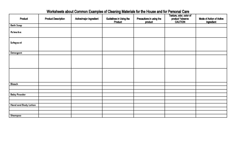 Cleaning Materials Examples Worksheet | PDF | Self-Improvement | Wellness