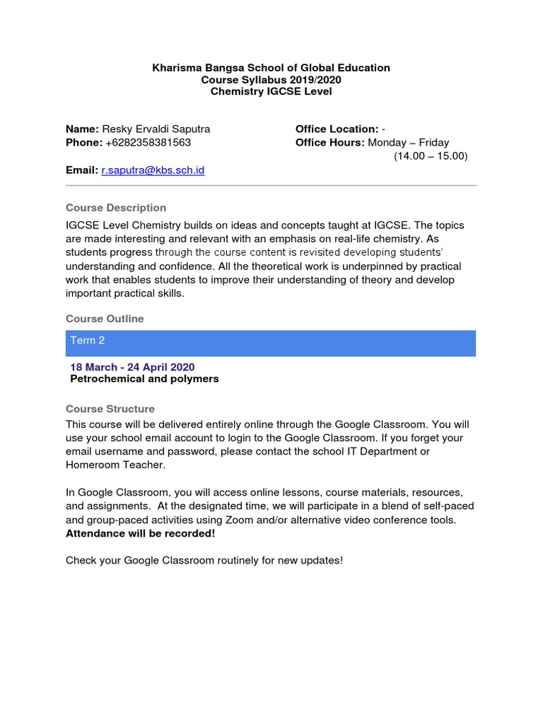 Course Syllabus for IGCSE Level Chemistry at Kharisma Bangsa School of ...