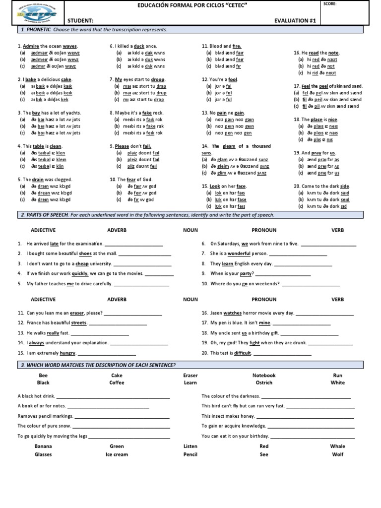 Evaluation #1 | PDF | Adjective | Adverb