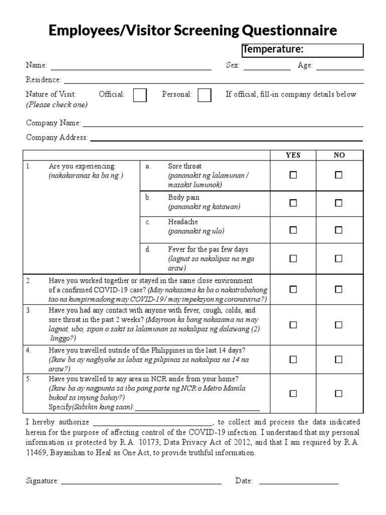 Employee - Visitor Screening Questionnaire | PDF