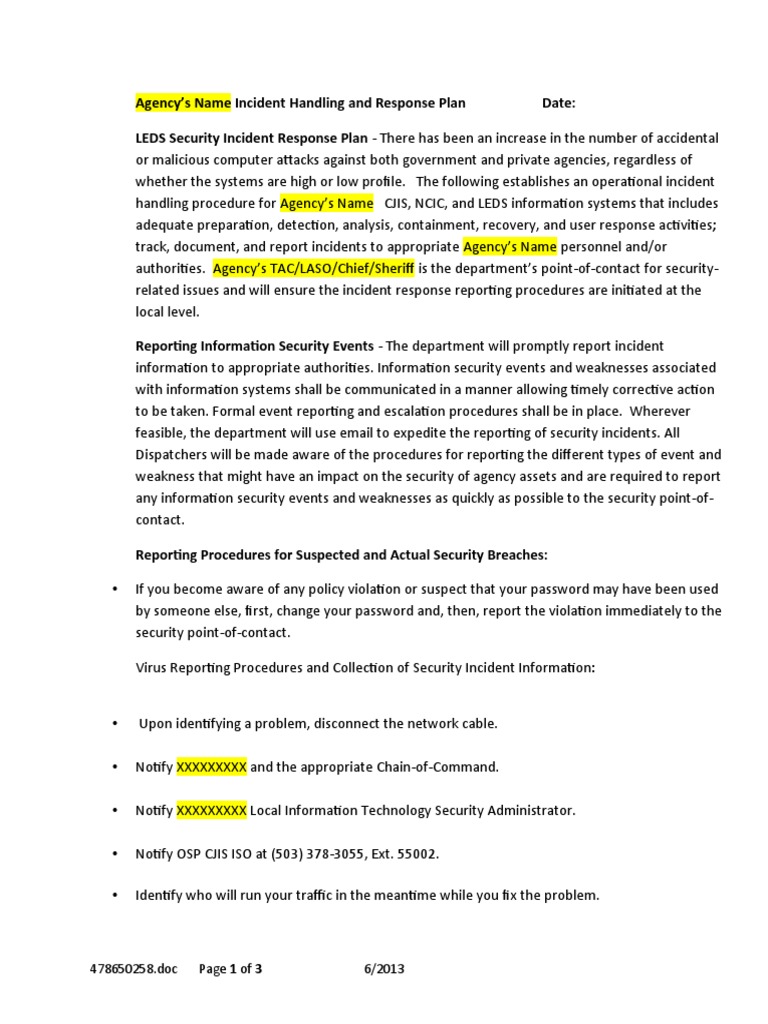 Incident Handling Response Plan-Example | PDF | Information Security ...