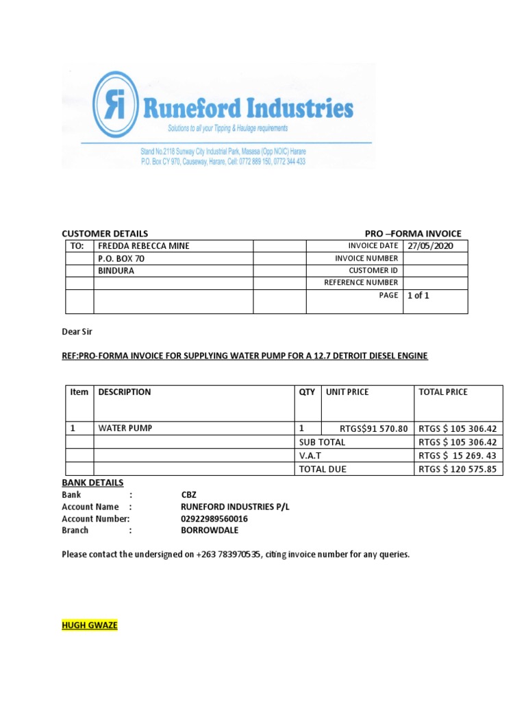 Pro-Forma Invoice for Water Pump Supply | PDF