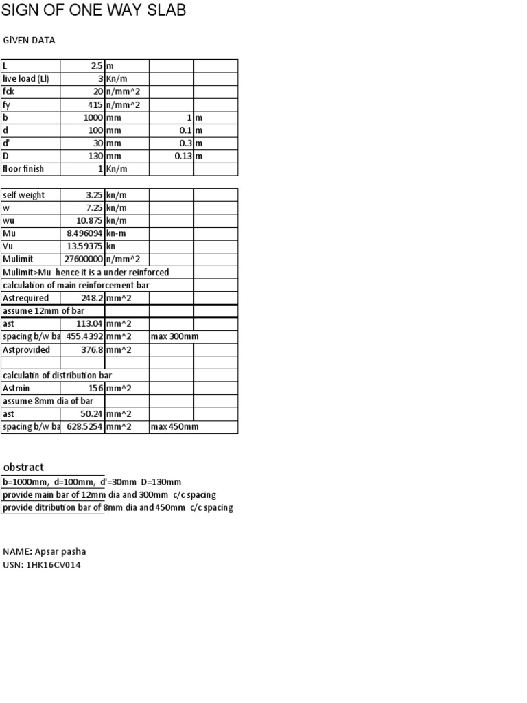 One Way Slab Design Calculation | PDF