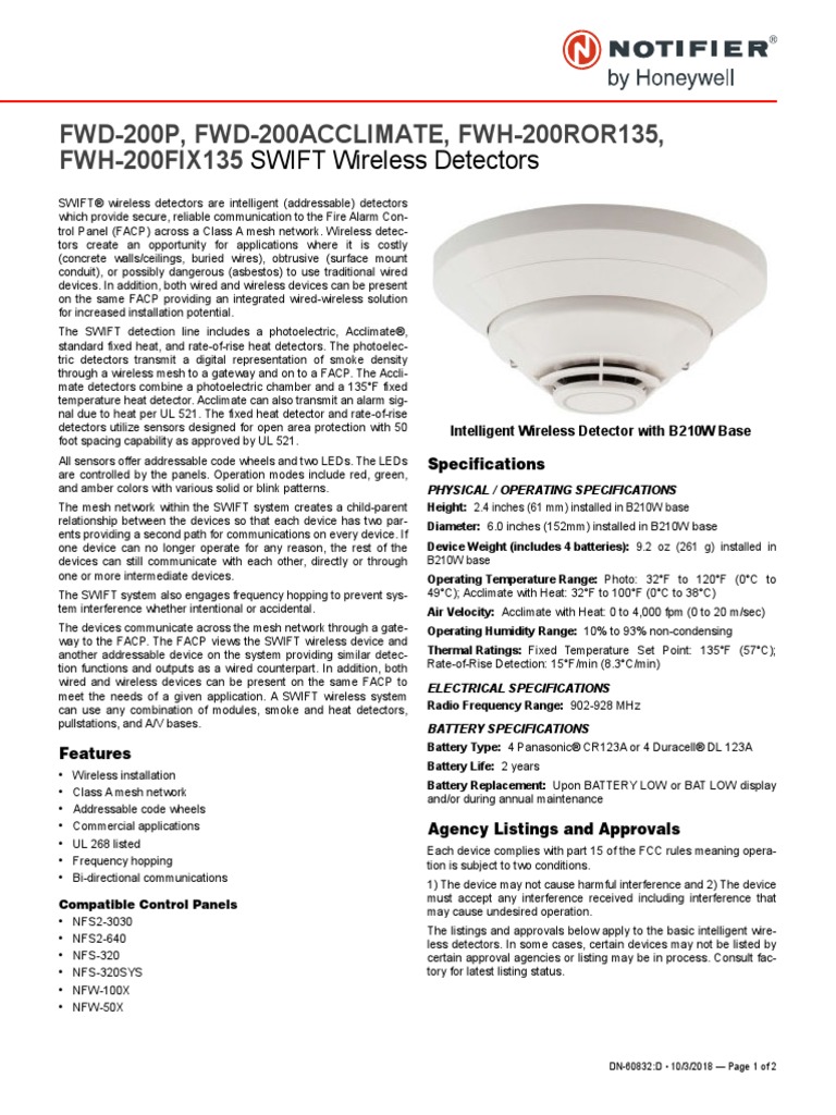 SWIFT Wireless Detectors: FWD-200P, FWD-200ACCLIMATE, FWH-200ROR135 ...