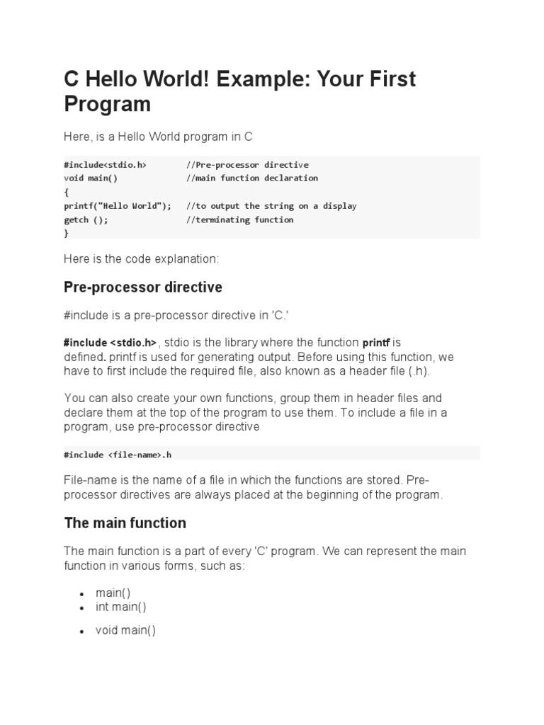 c-hello-world-example-your-first-program-pre-processor-directive