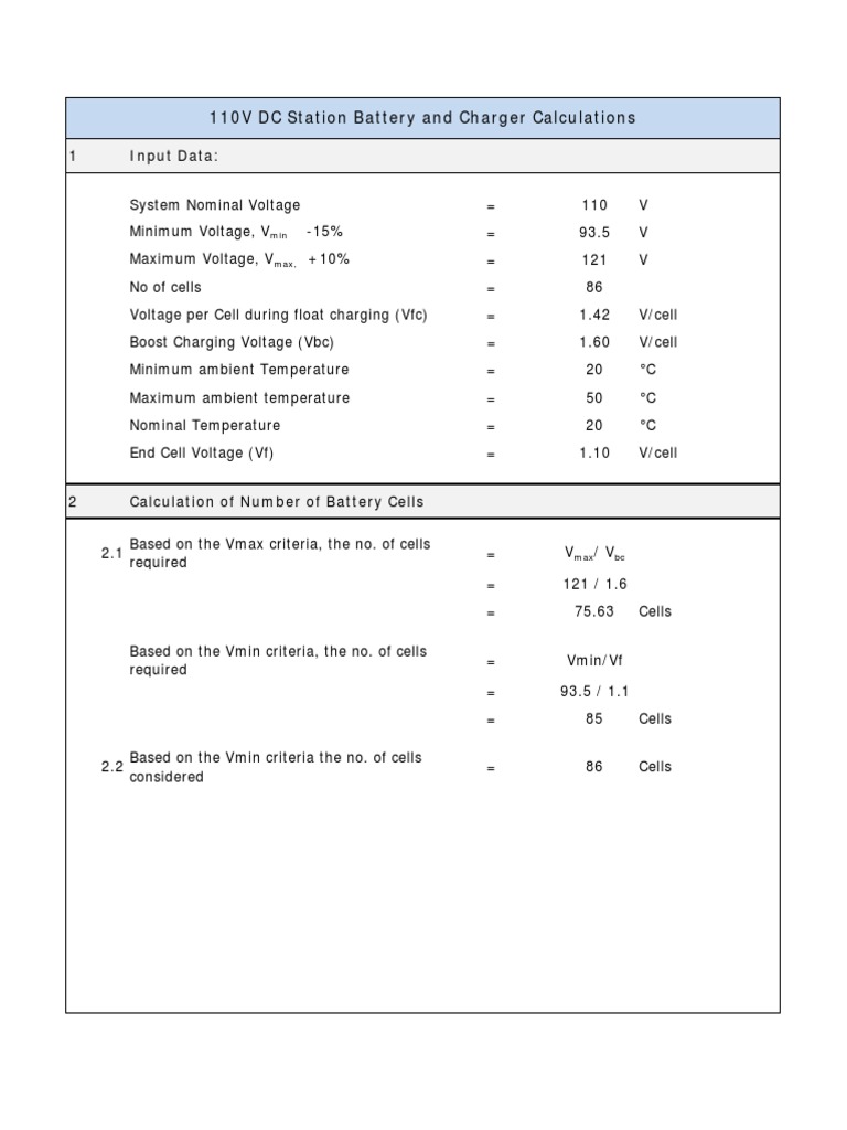 110v Dc Station Battery And Charger Calculations 1 Input Data Pdf