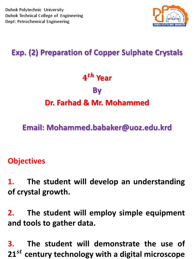 Exp. (2) Preparation of Copper Sulphate Crystals: Year Dr. Farhad & Mr. Mohammed | Download Free ...
