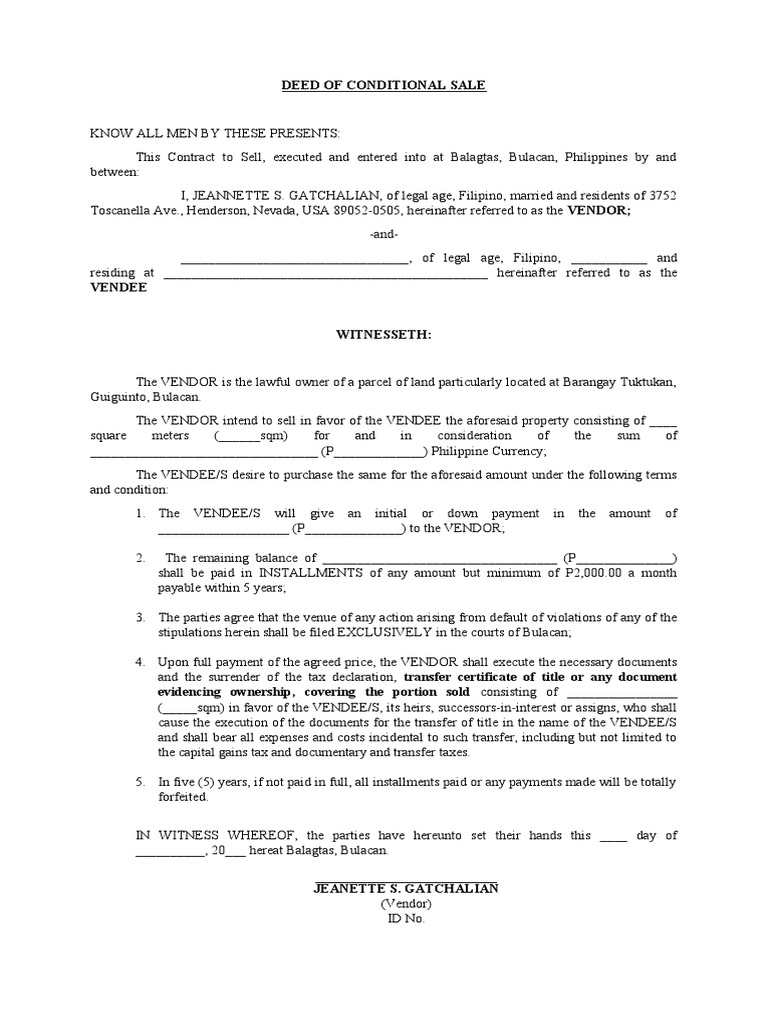Deed of Conditional Sale | PDF | Deed | Government