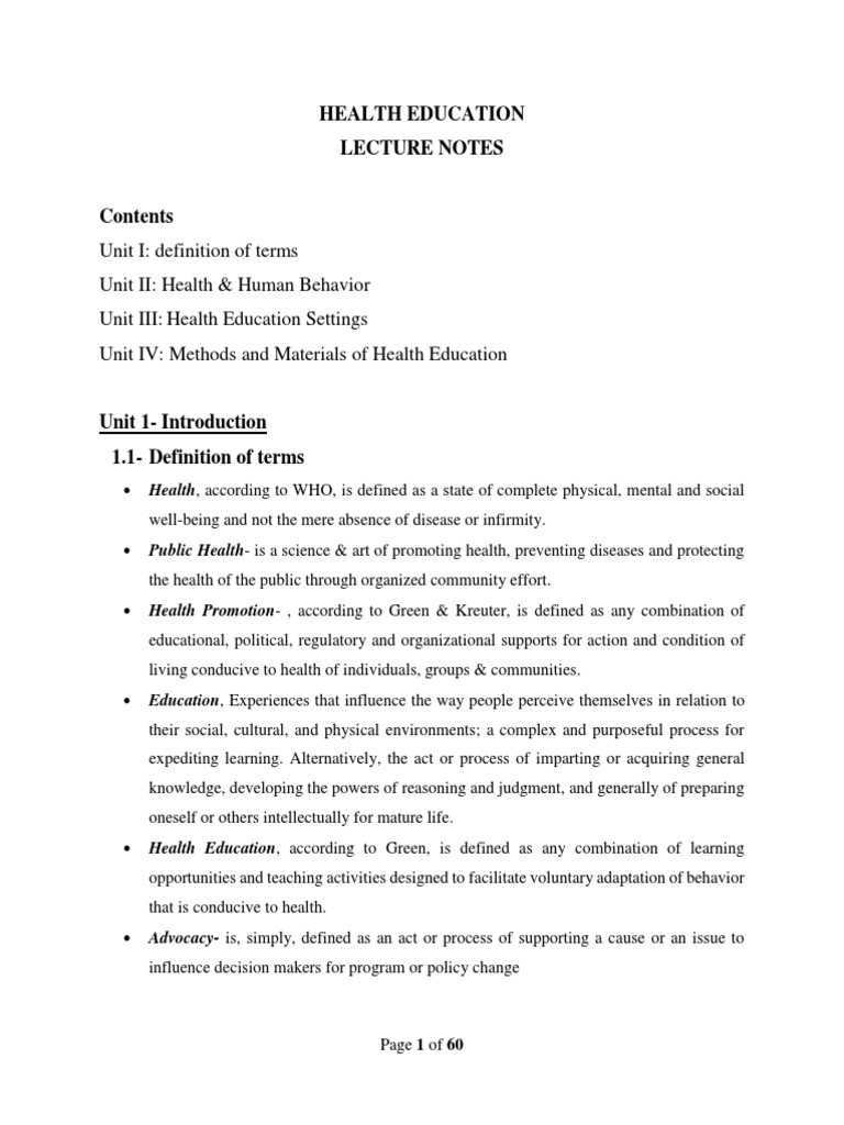 Health Education Lecture Notes Overview | PDF | Behavior | Behavioural ...