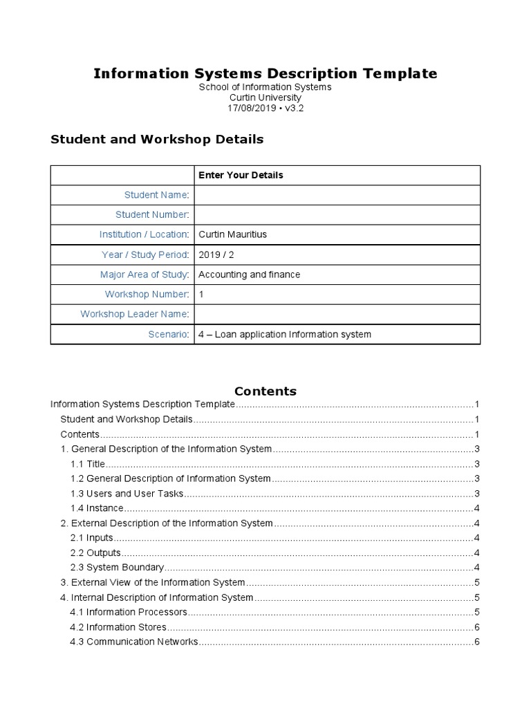 Information Systems Description Template: Student and Workshop Details ...