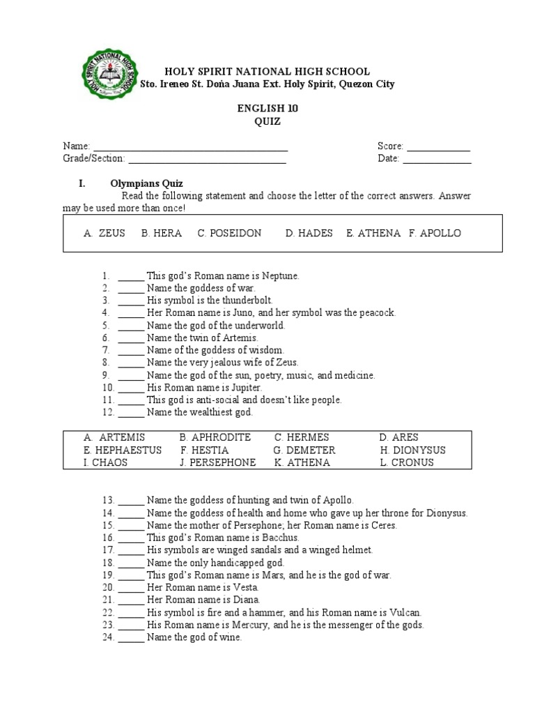 Understanding the Olympian Gods and Goddesses: An English Quiz on Greek ...
