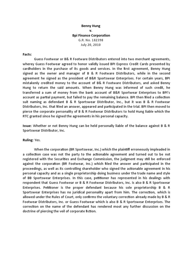 Benny Hung v. Bpi Finance Corporation: G.R. No. 182398 July 20, 2010 ...