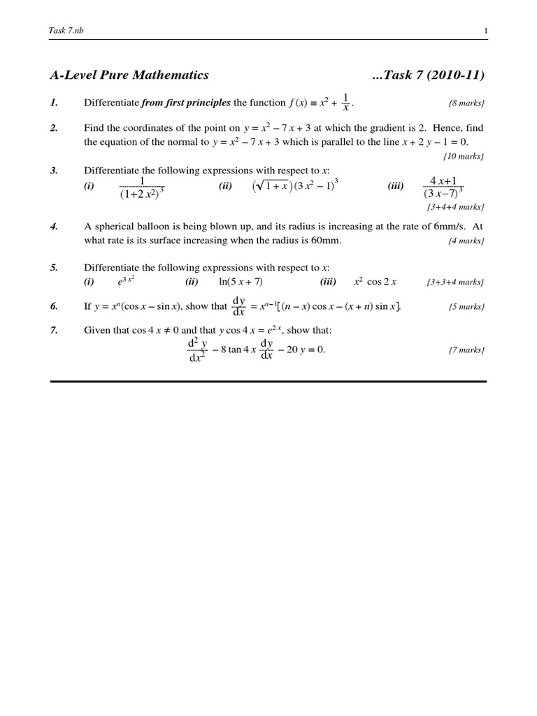 A-Level Pure Mathematics ... Task 7 (2010-11) : H1+2 X L H3 x-7L | PDF ...