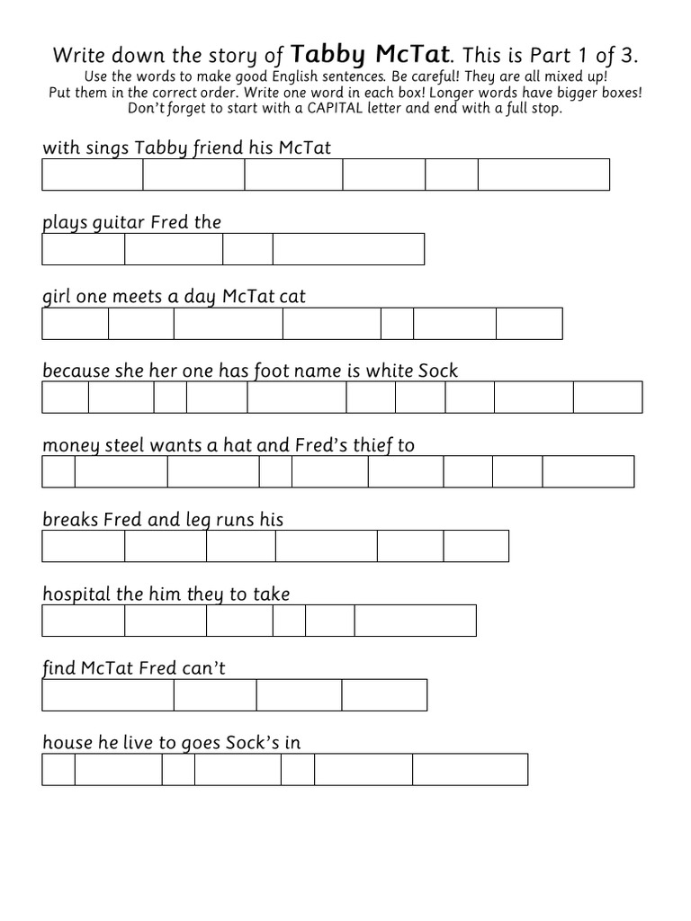 Tabby McTat (Part 1 of 3) - Jumbled Up Sentences Worksheet | PDF