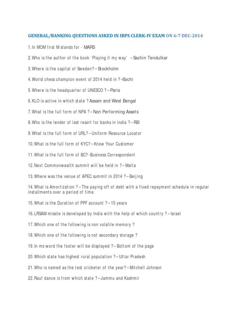 General/Banking Questions Asked in Ibps Clerk-Iv Exam | PDF | Reserve ...