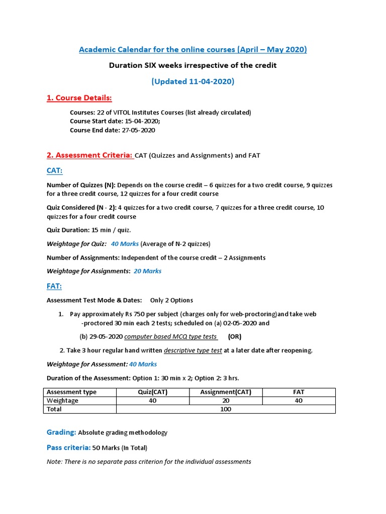 VITOL Course Schedule and Assessments PDF | PDF | Quiz | Course Credit