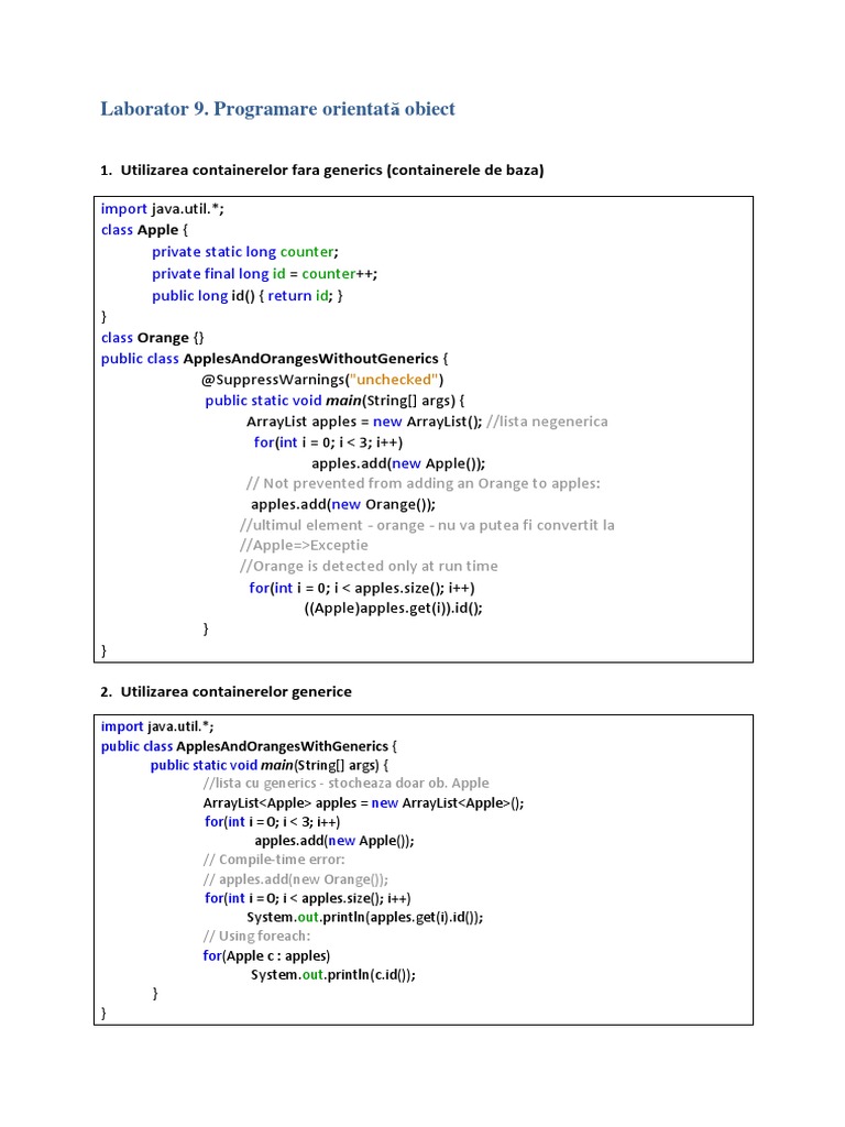 Laborator 9. Programare Orientată Obiect: Utilizarea Containerelor Fara Generics (Containerele ...