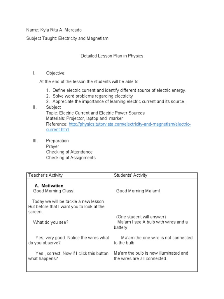Lesson Plan in Electricity and Magnetism | PDF | Electric Current ...