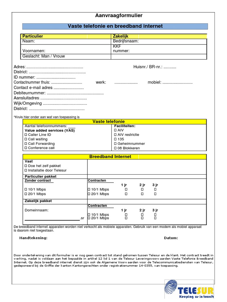 Aanvraag Formulier Vaste Telefonie en Internet Juli 2019 1 | PDF