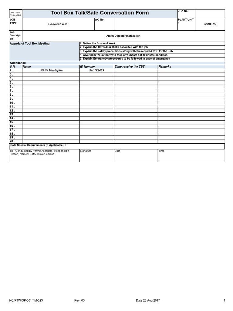 Tool Box Talk/Safe Conversation Form | PDF