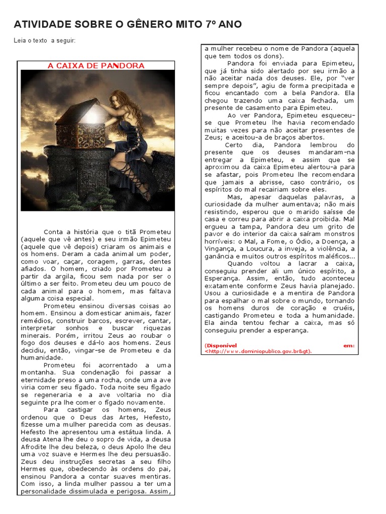 Atividade Sobre o Gênero Mito 7º Ano | PDF | Prometeu | Mitologia grega