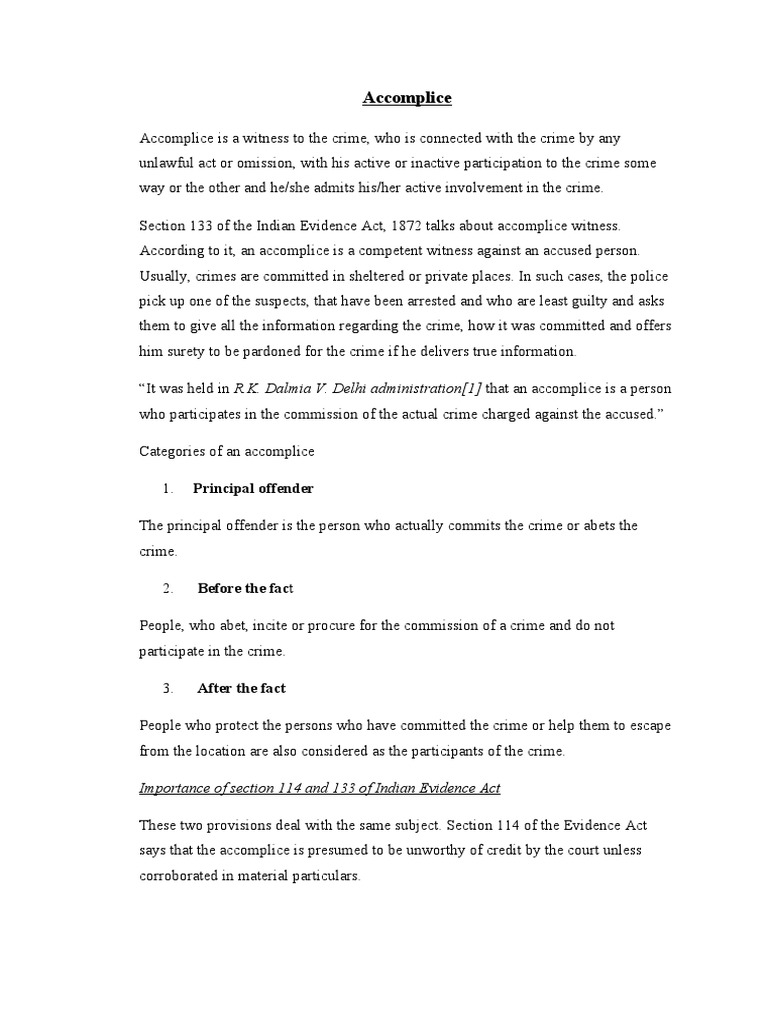 Accomplice: Importance of Section 114 and 133 of Indian Evidence Act ...