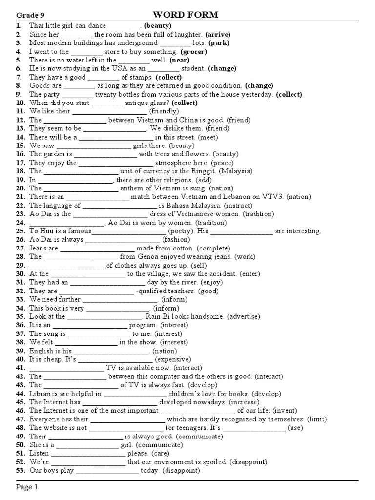 Grade 9 Word Forms Title | PDF | Jeans