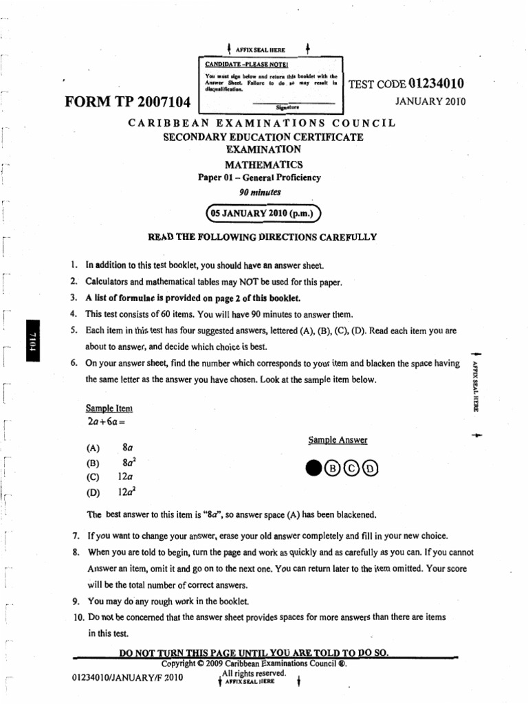 ANSWERS TO CSEC January 2010 Mathematics P1