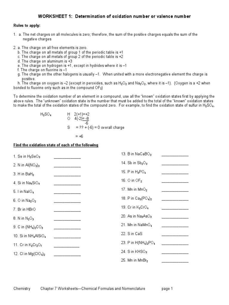 WORKSHEET 1: Determination of Oxidation Number or Valence Number | PDF ...