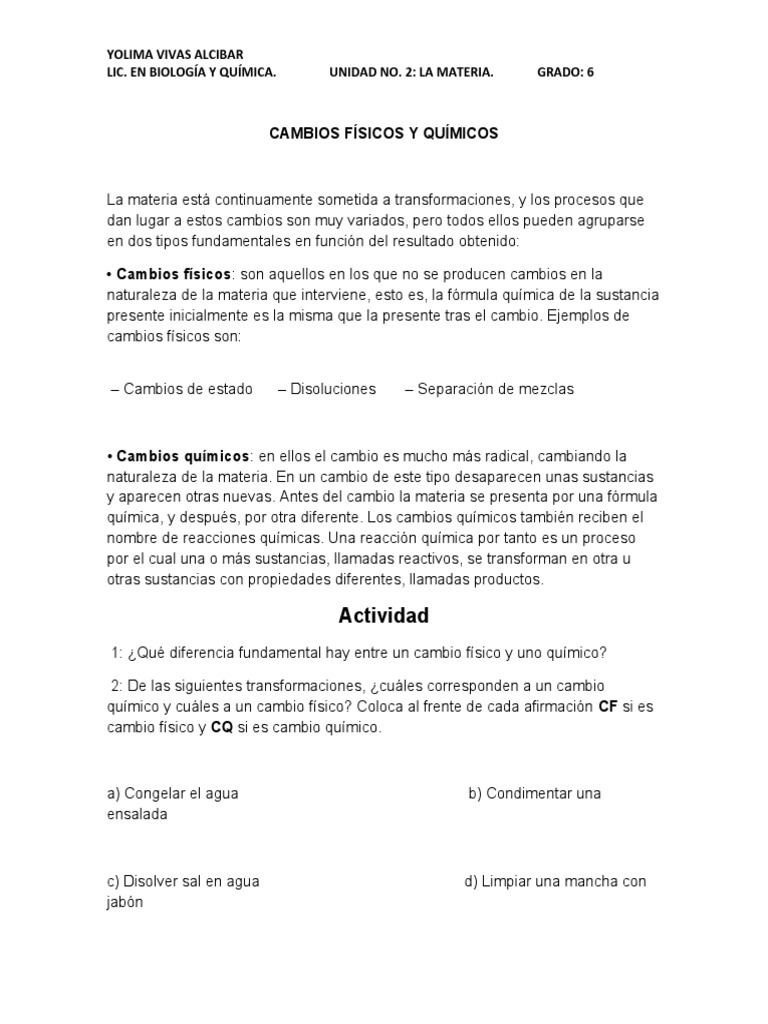 Taller Cambios Físicos y Químicos | PDF