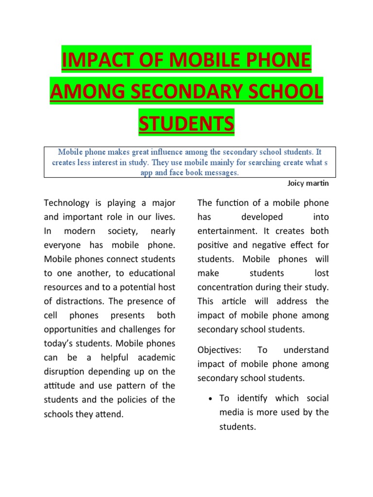 Impact of Mobile Phone Among Secondary School Students | PDF | Mobile ...