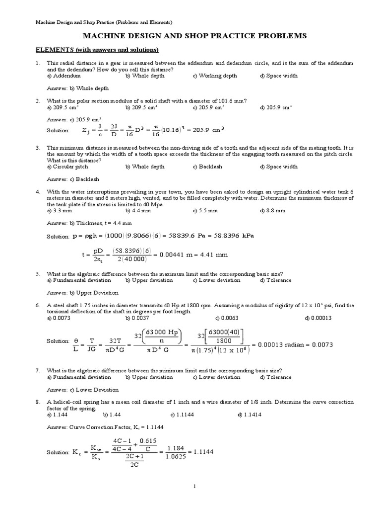 Machine Design and Shop Practice Problems: ELEMENTS (With Answers and ...