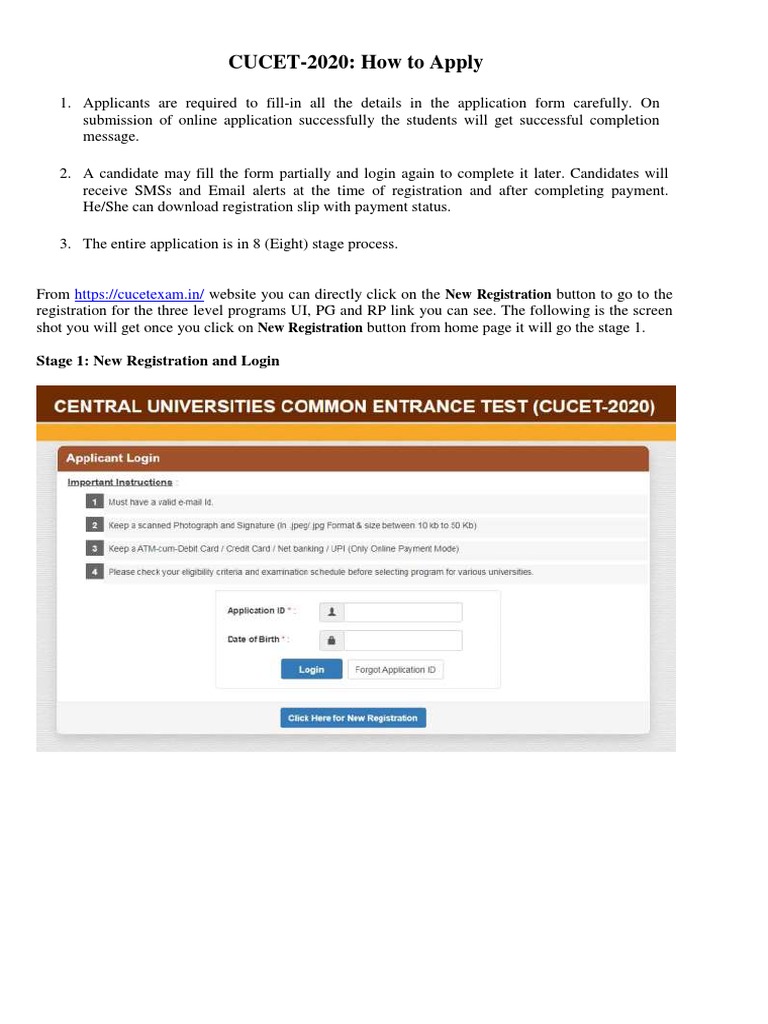CUCET-2020: How To Apply: Stage 1: New Registration and Login | PDF