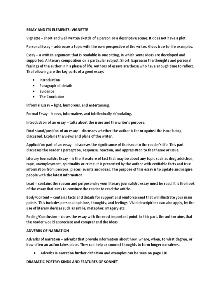 Essay and Its Elements: Vignette | PDF | Essays | Sonnets