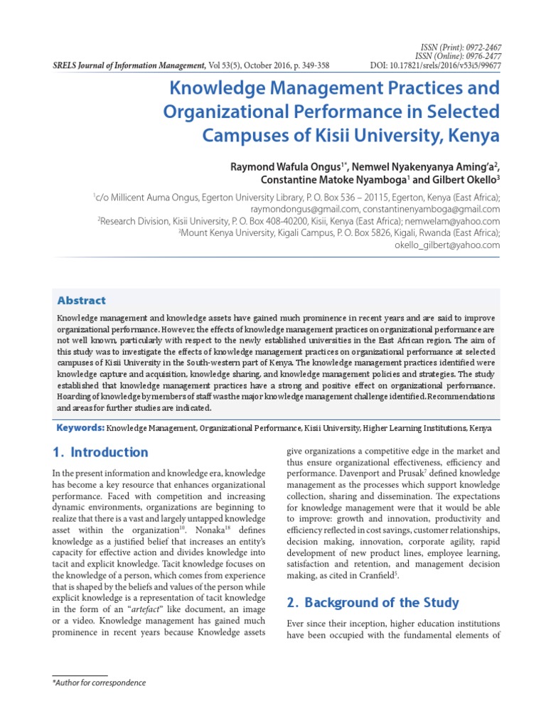 Knowledge Management Practices and Organizational Performance in Selected Campuses of Kisii ...