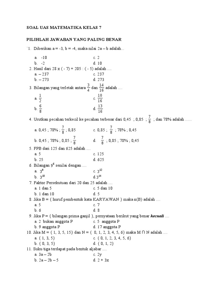 Soal Uas MTK 7 | PDF