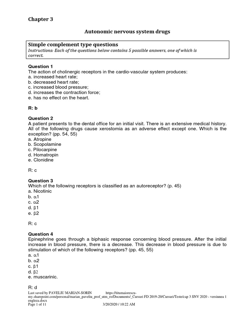 Autonomic Nervous System Pharmacology MCQs | PDF | Acetylcholine ...