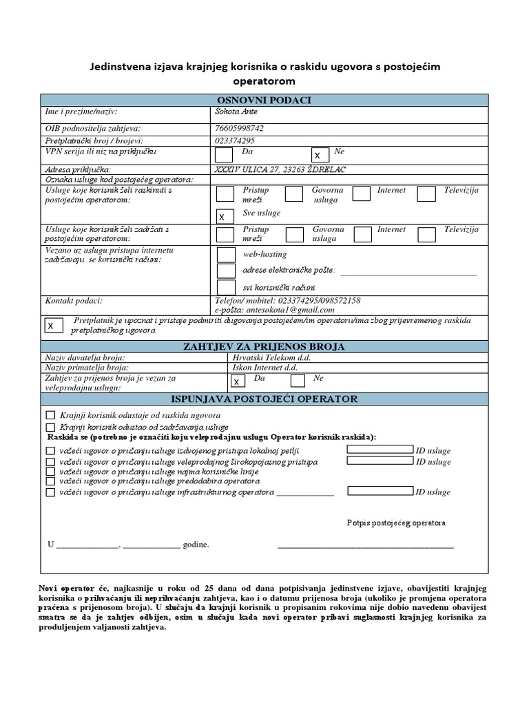 Jedinstvena Izjava Krajnjeg Korisnika o Raskidu Ugovora S Postoje Im ...