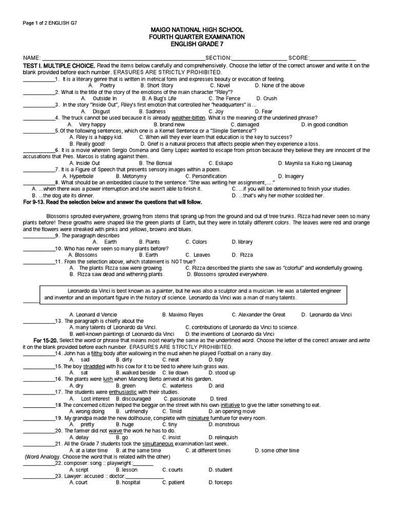 4th Grading Test ENGLISH G7 | PDF